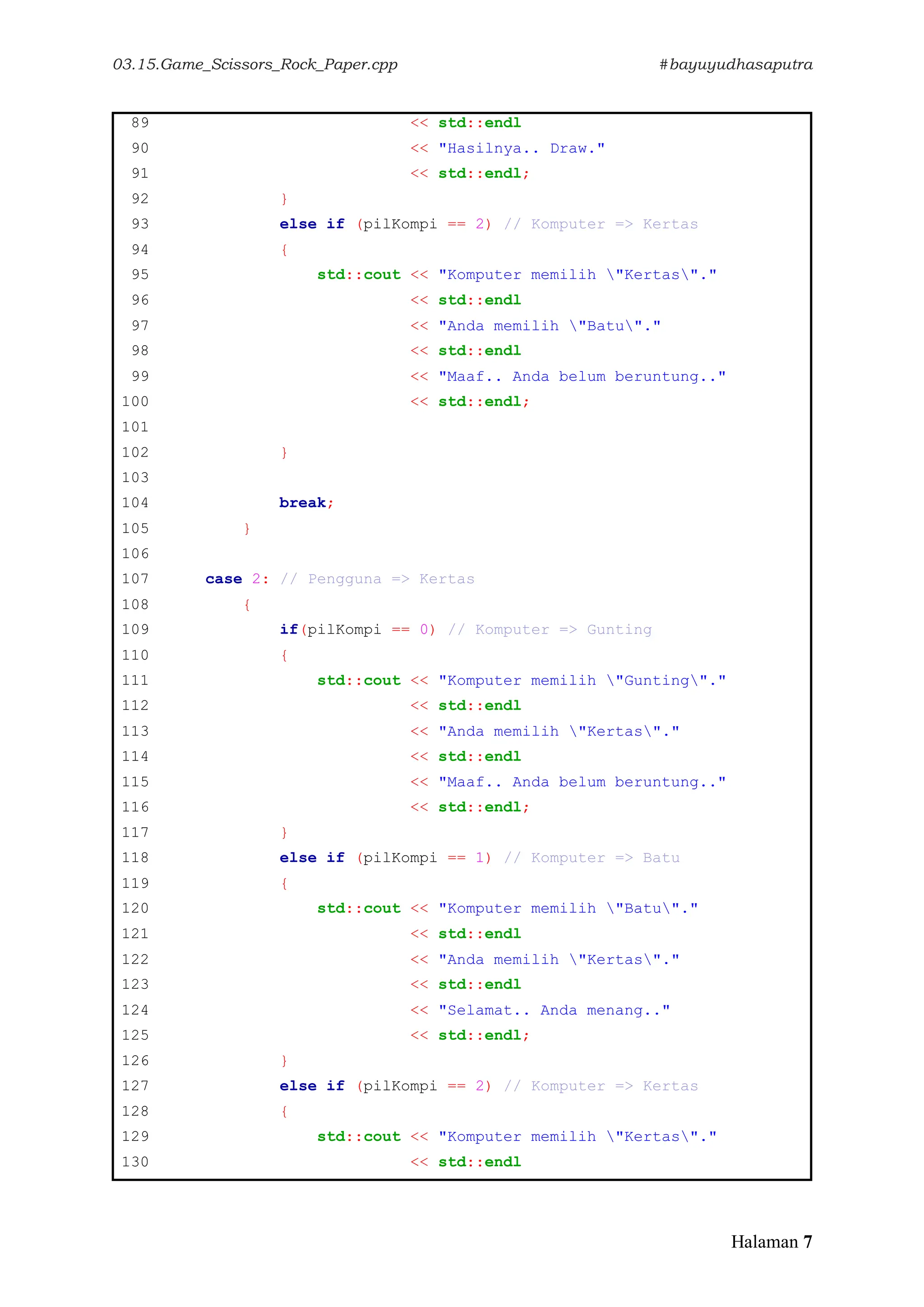03.15. Permainan Batu Gunting Kertas Menggunakan Bahasa Pemrograman C++ | PDF