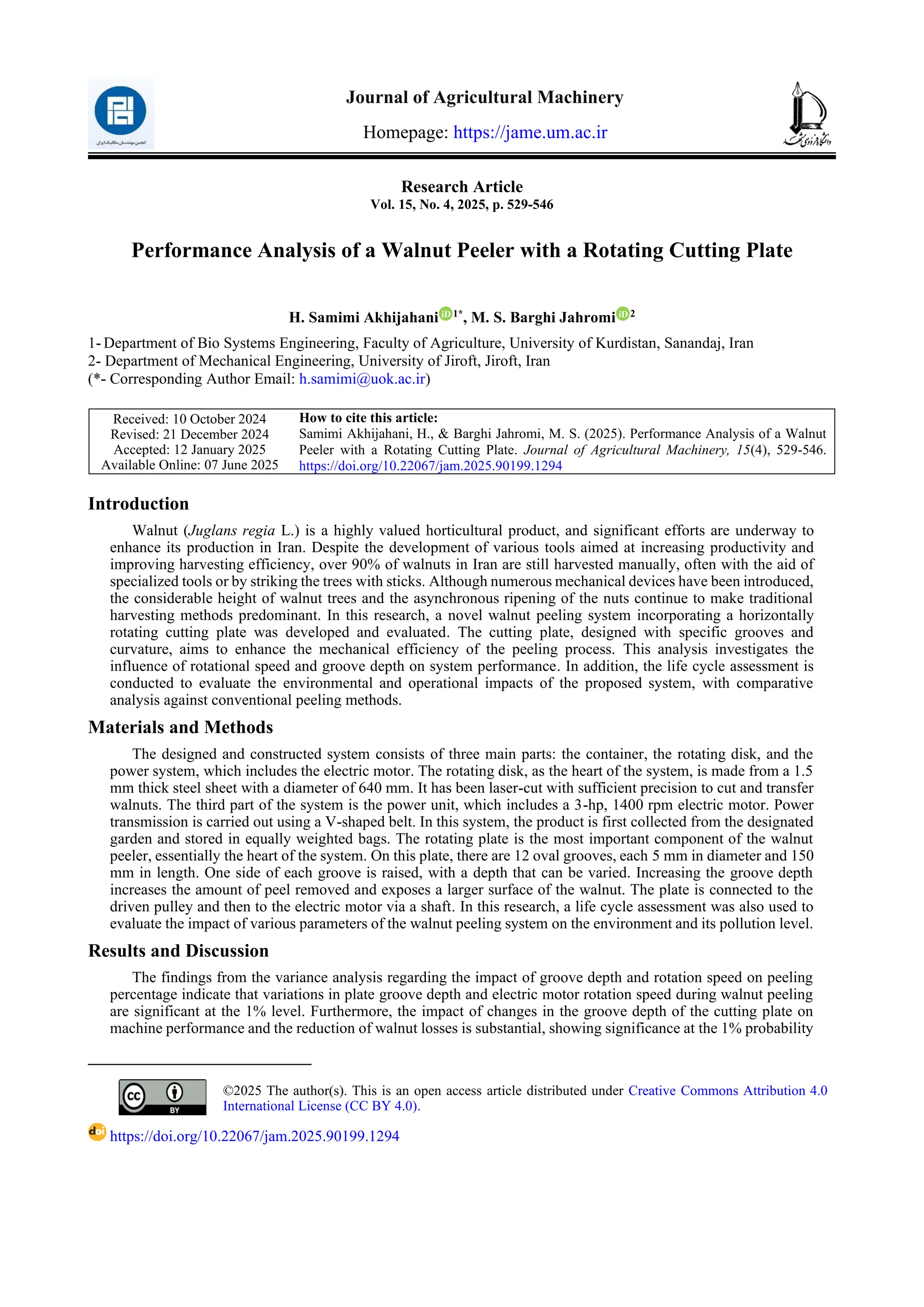 Performance Analysis of a Walnut Peeler with a Rotating Cutting Plate | PDF