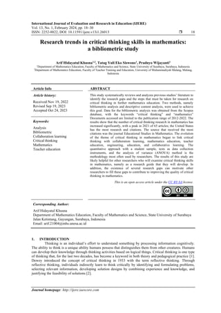 Research trends in critical thinking skills in mathematics: a ...