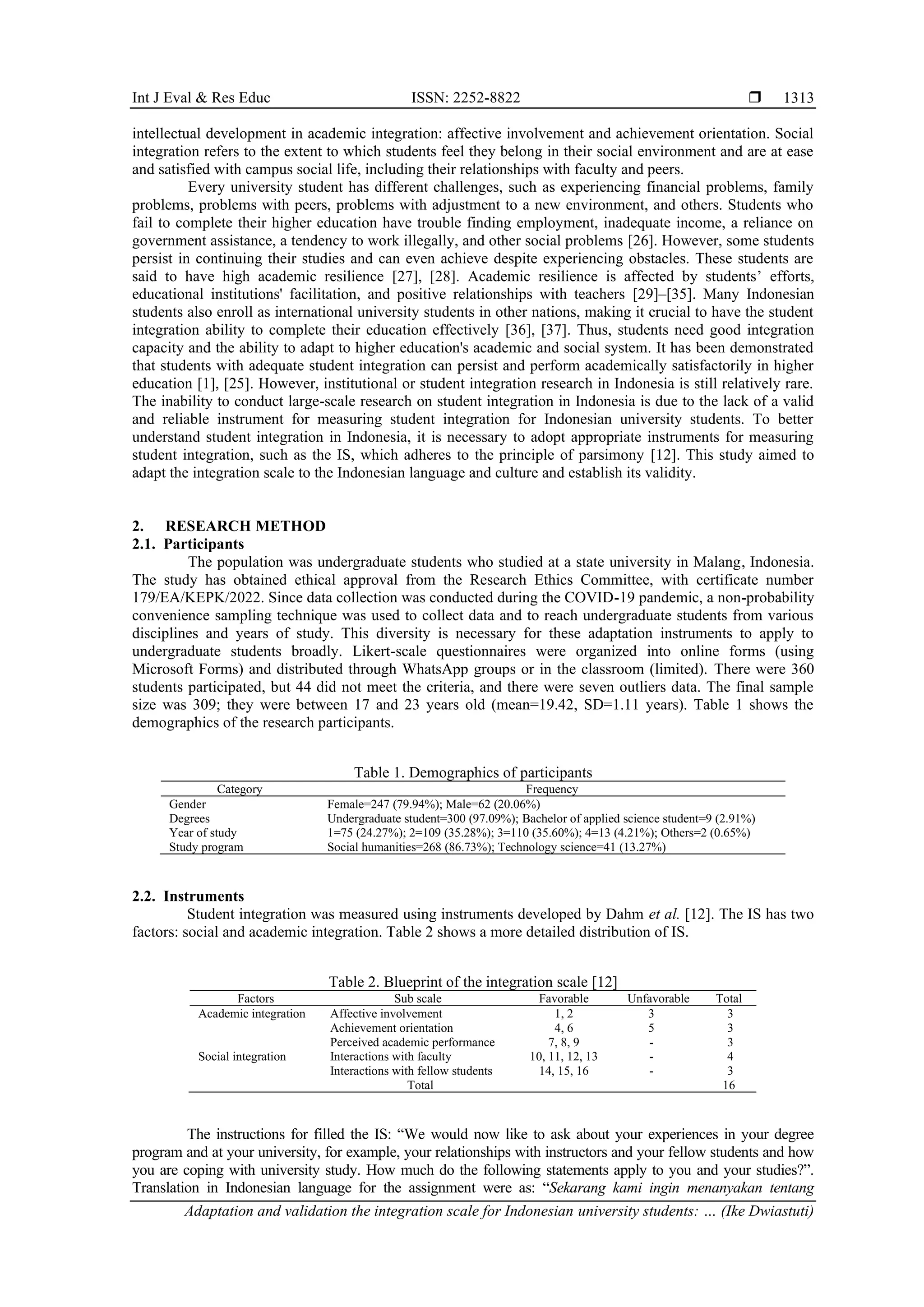 Adaptation and validation the integration scale for Indonesian ...