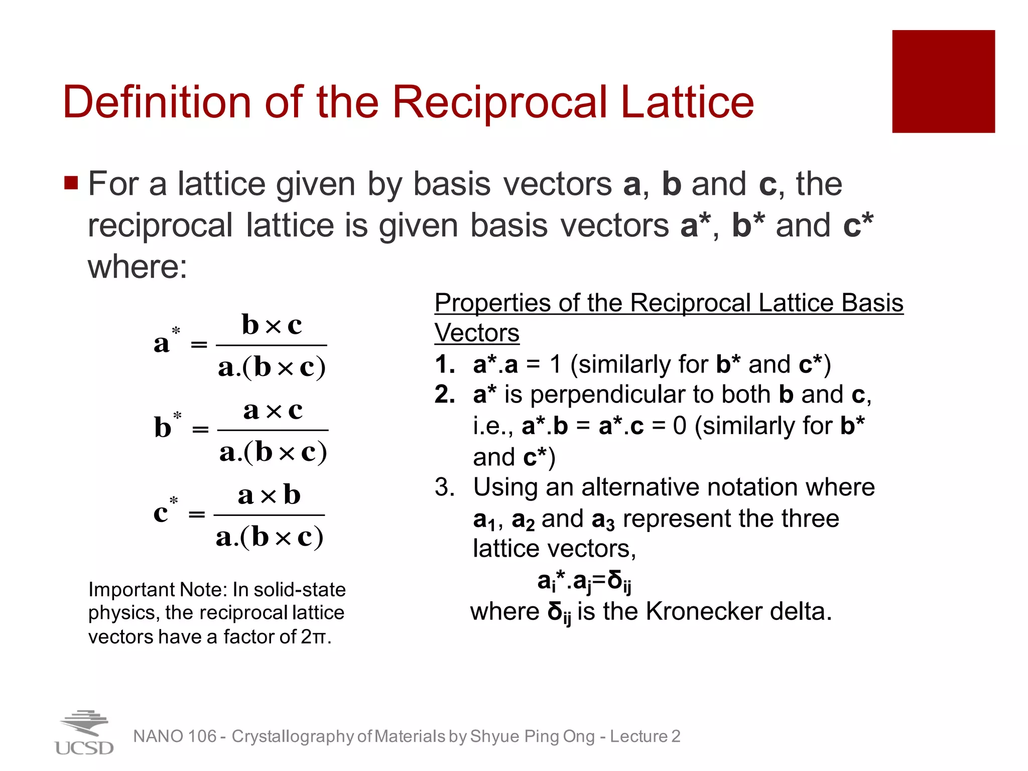 UCSD NANO106 - 03 - Lattice Directions and Planes, Reciprocal Lattice ...