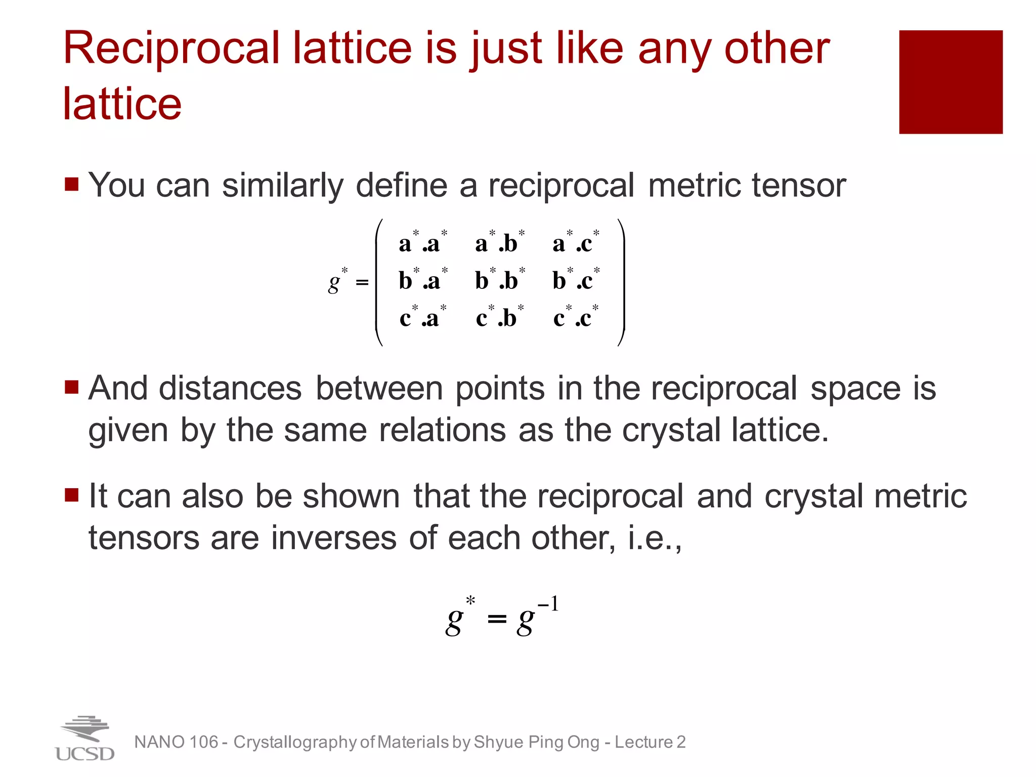 UCSD NANO106 - 03 - Lattice Directions and Planes, Reciprocal Lattice ...