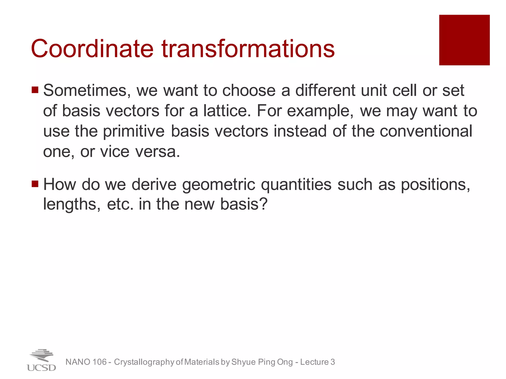 UCSD NANO106 - 03 - Lattice Directions and Planes, Reciprocal Lattice ...