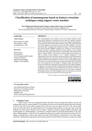 Classification of mammograms based on features extraction techniques using support vector ...