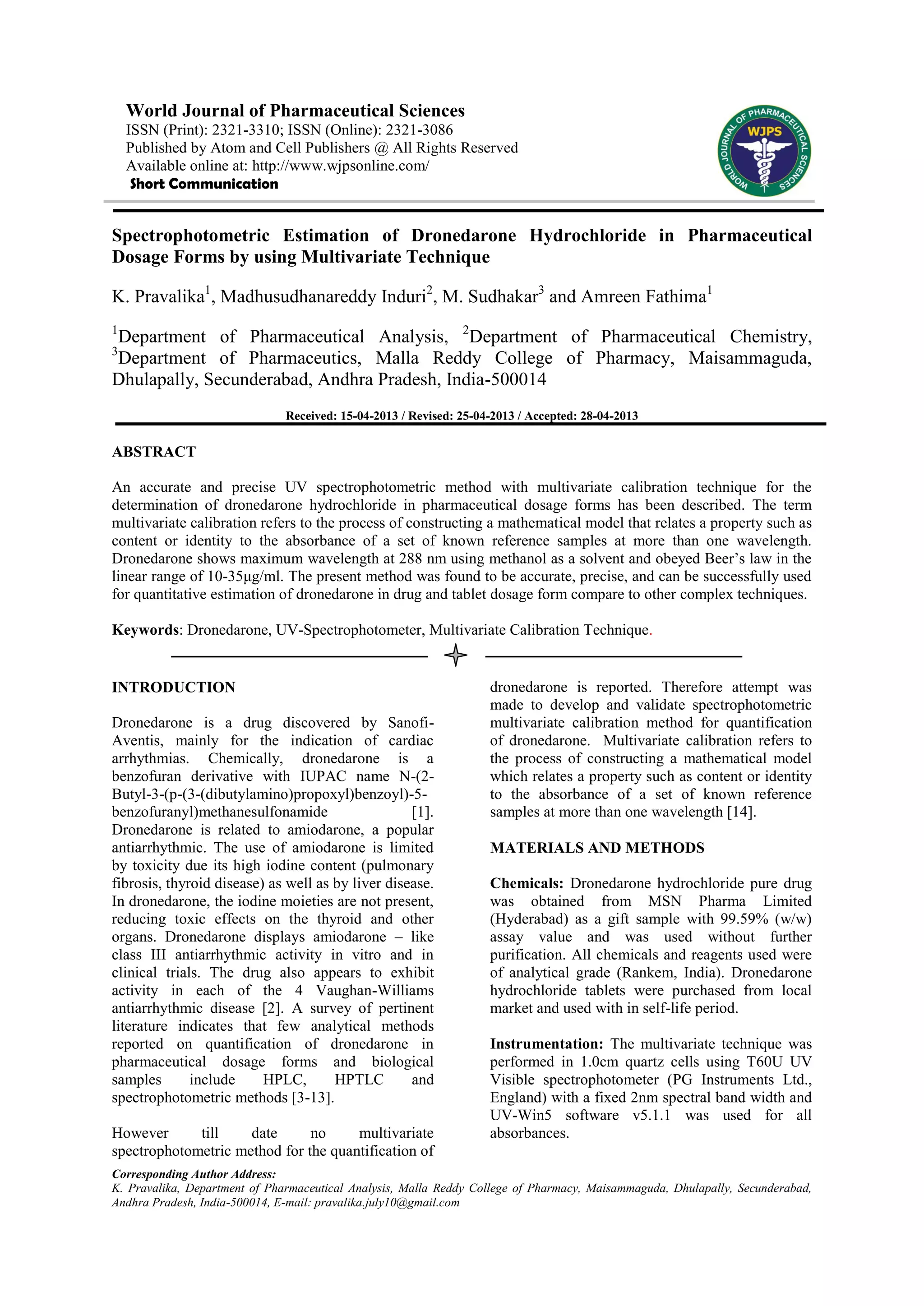 Spectrophotometric Estimation of Dronedarone Hydrochloride in ...