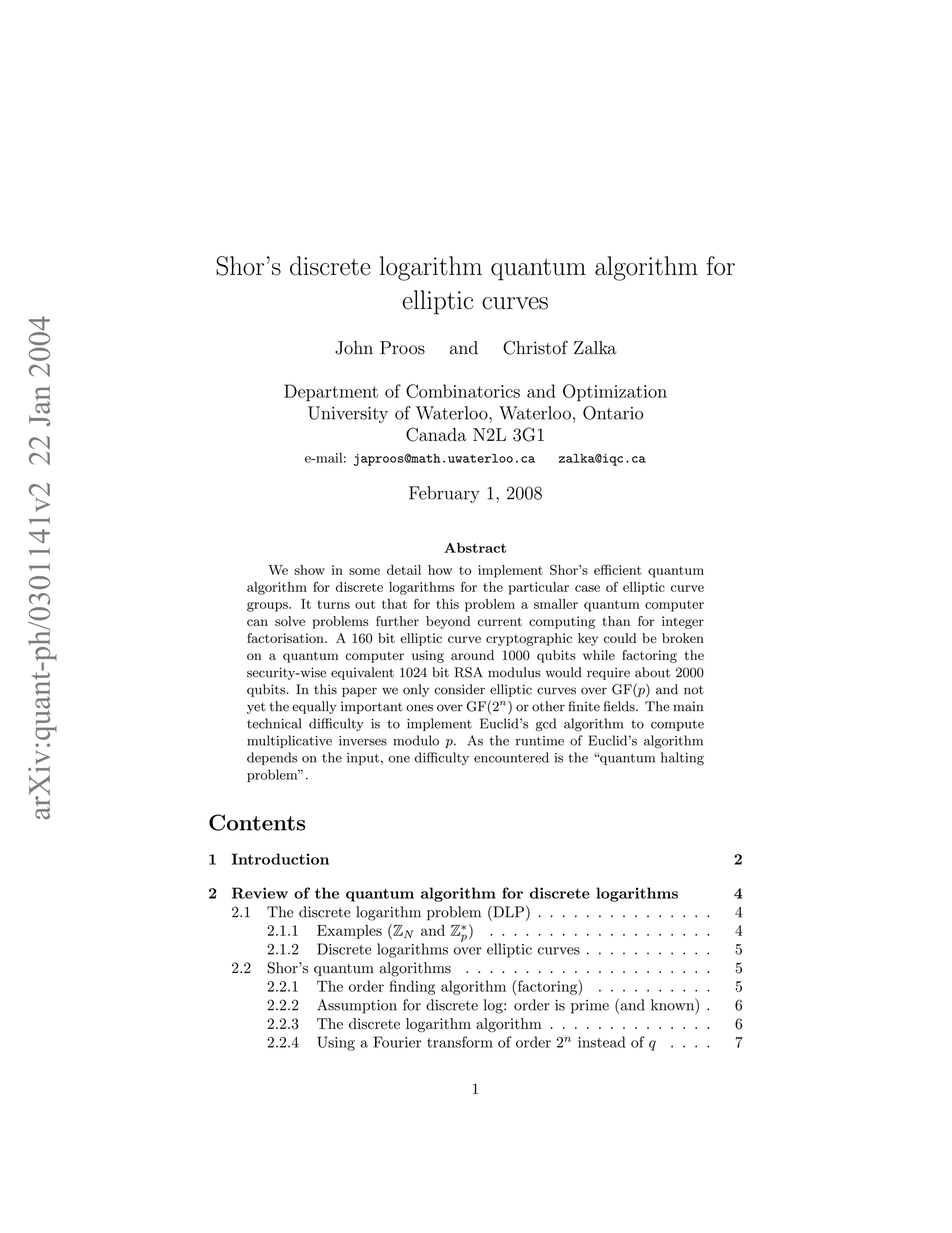 Shors Discrete Logarithm Quantum Algorithm For Elliptic Curves Pdf