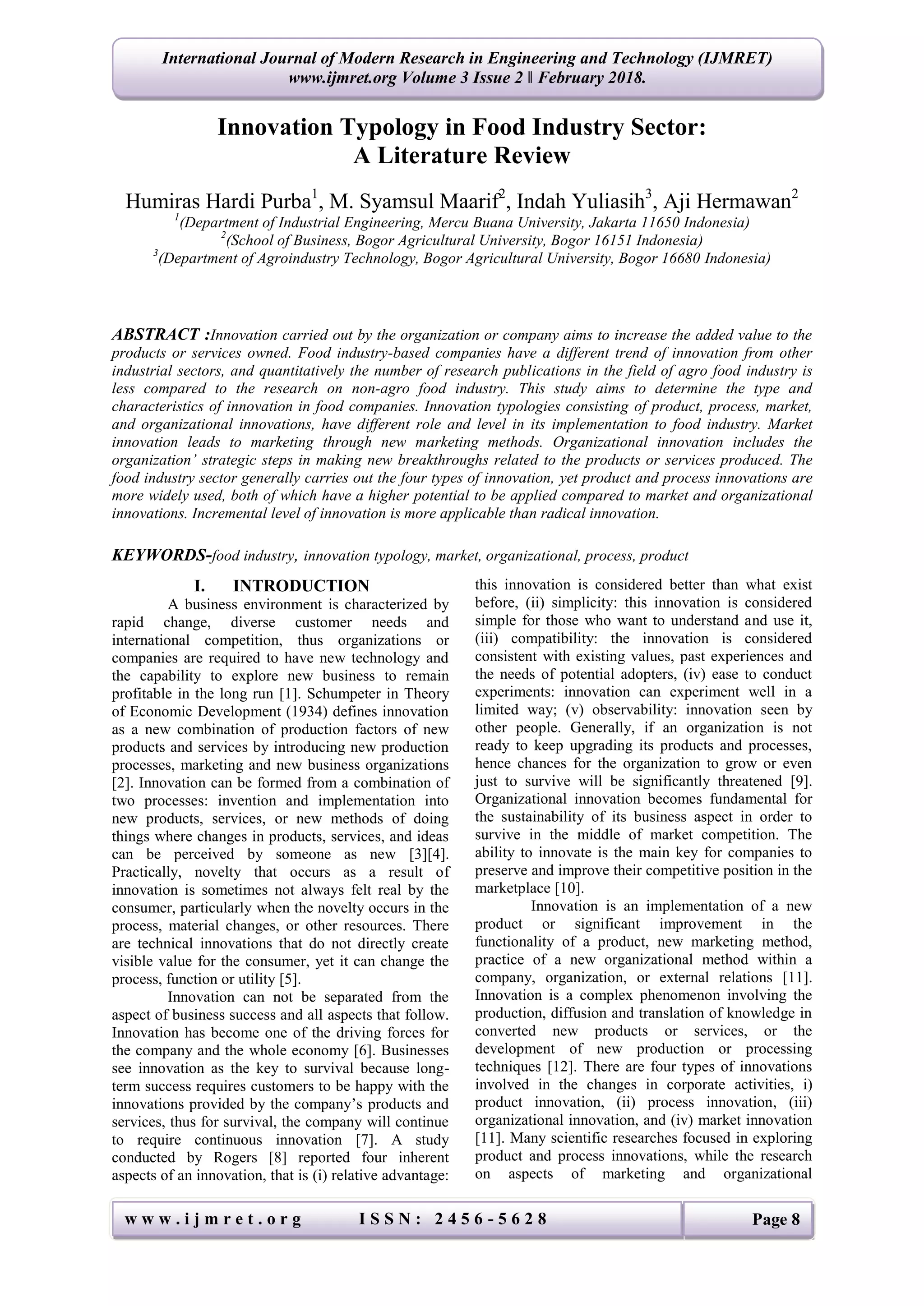 Innovation Typology in Food Industry Sector: A Literature Review | PDF