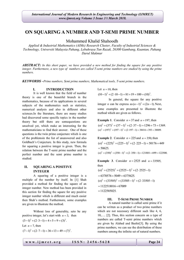 ON SQUARING A NUMBER AND T-SEMI PRIME NUMBER | PDF