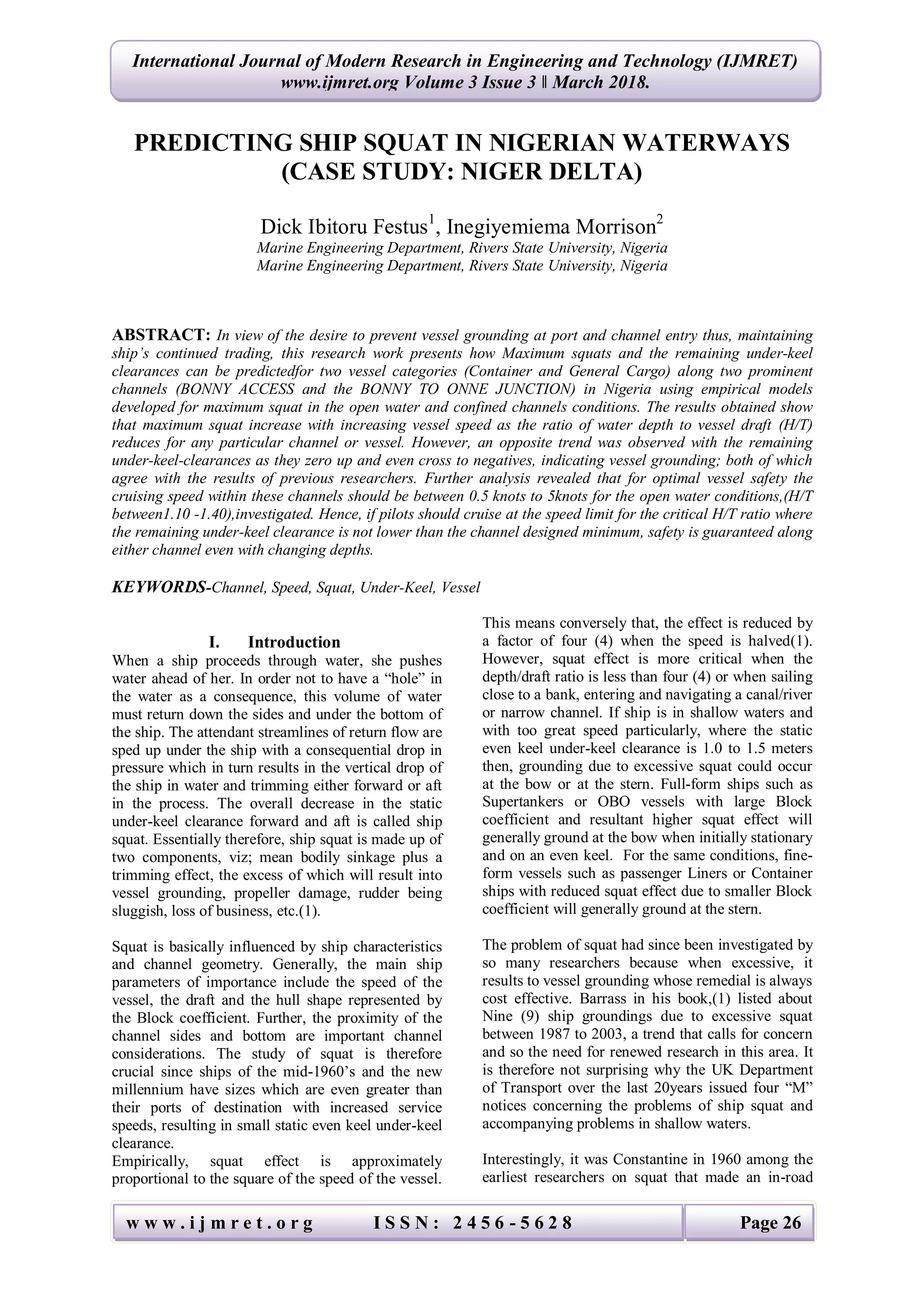 PREDICTING SHIP SQUAT IN NIGERIAN WATERWAYS (CASE STUDY: NIGER DELTA) | PDF