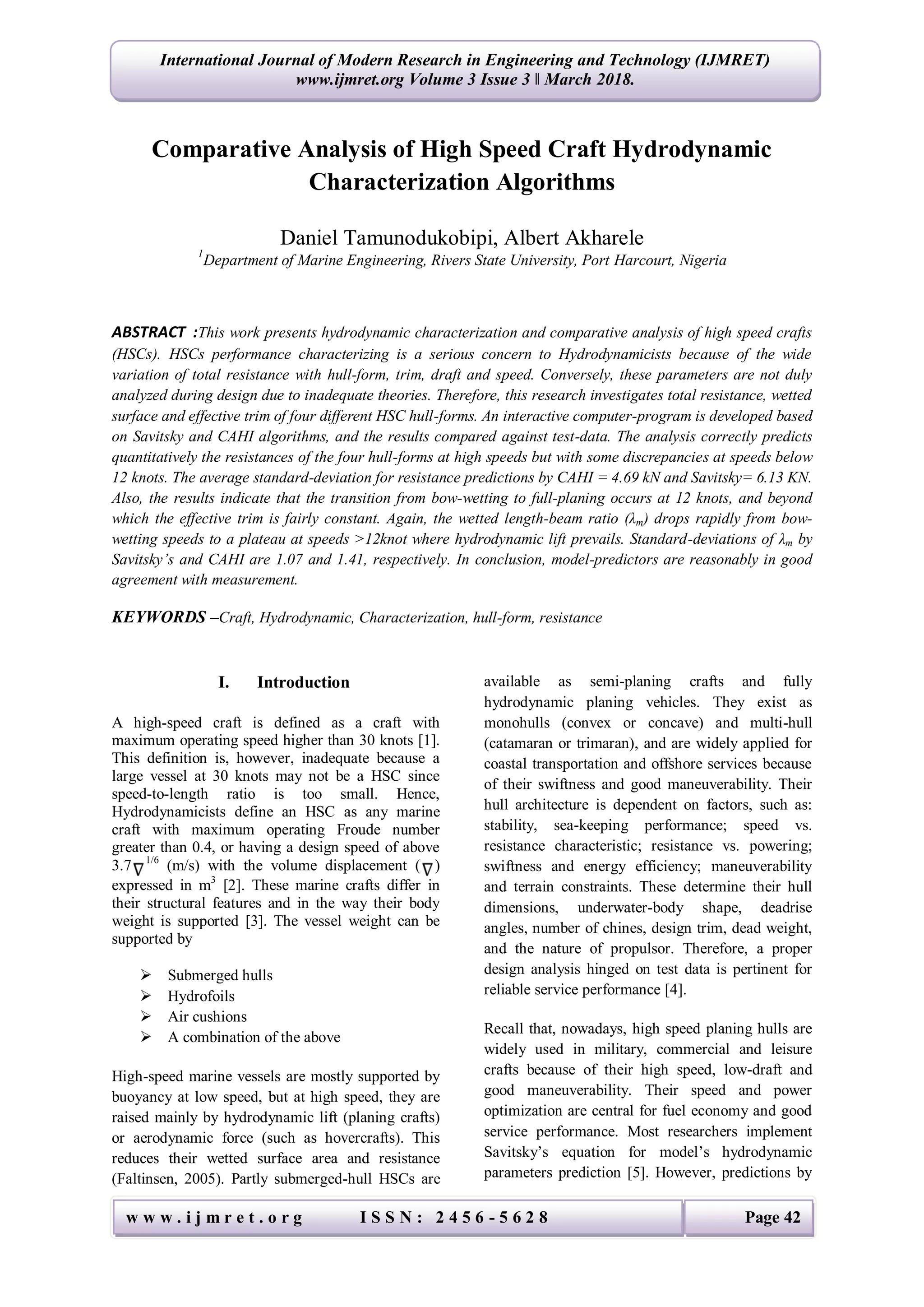 Comparative Analysis of High Speed Craft Hydrodynamic Characterization ...