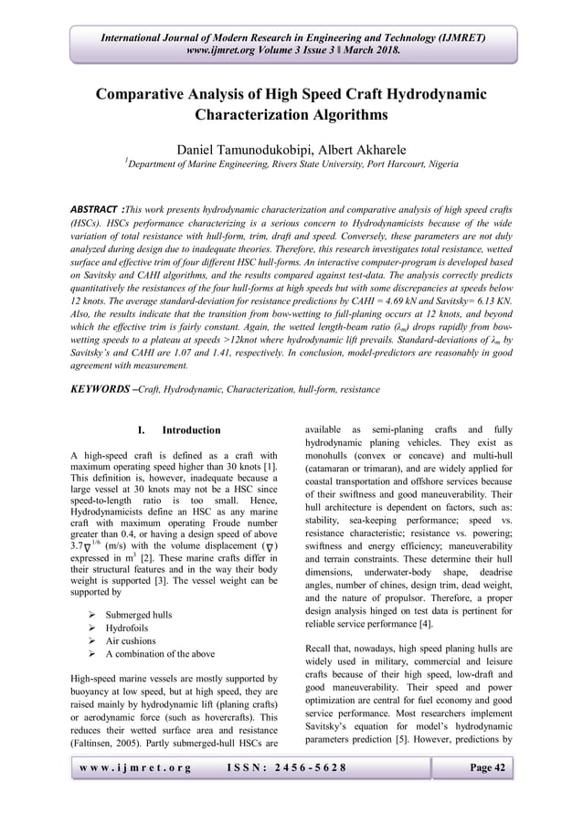 Comparative Analysis of High Speed Craft Hydrodynamic Characterization ...
