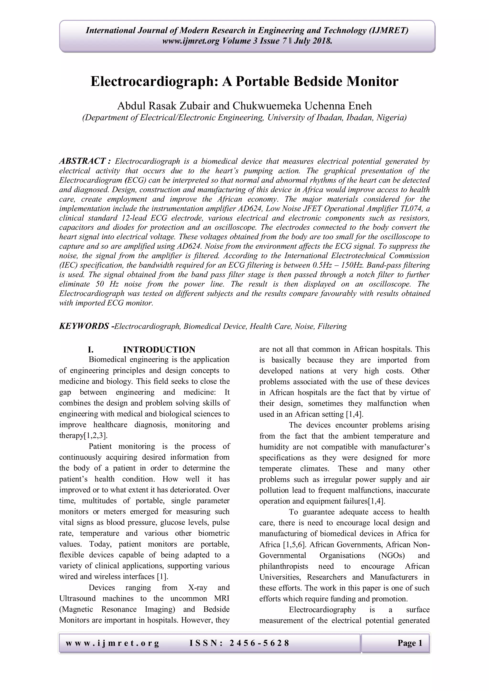 Electrocardiograph: A Portable Bedside Monitor | PDF