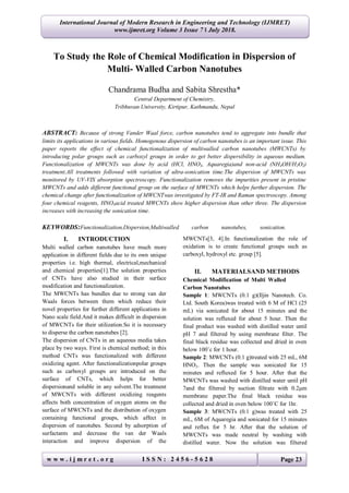 To Study the Role of Chemical Modification in Dispersion of Multi- Walled Carbon Nanotubes | PDF