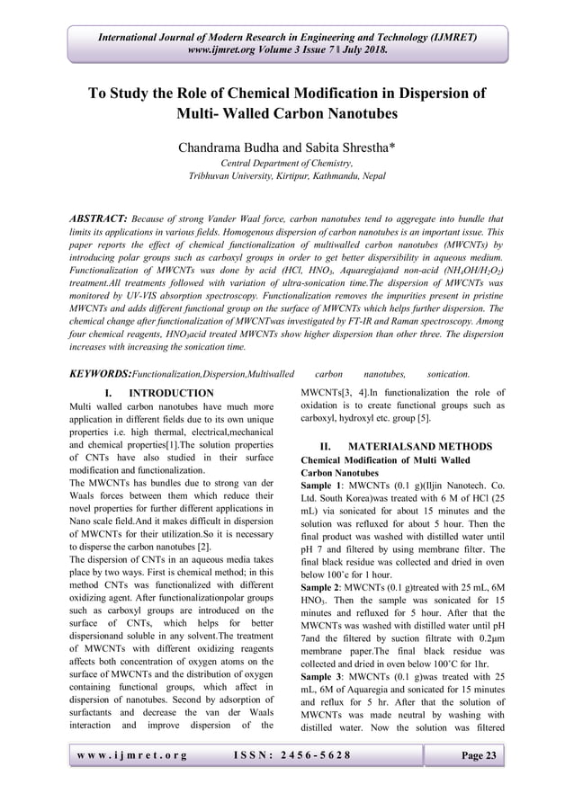 To Study the Role of Chemical Modification in Dispersion of Multi- Walled Carbon Nanotubes | PDF