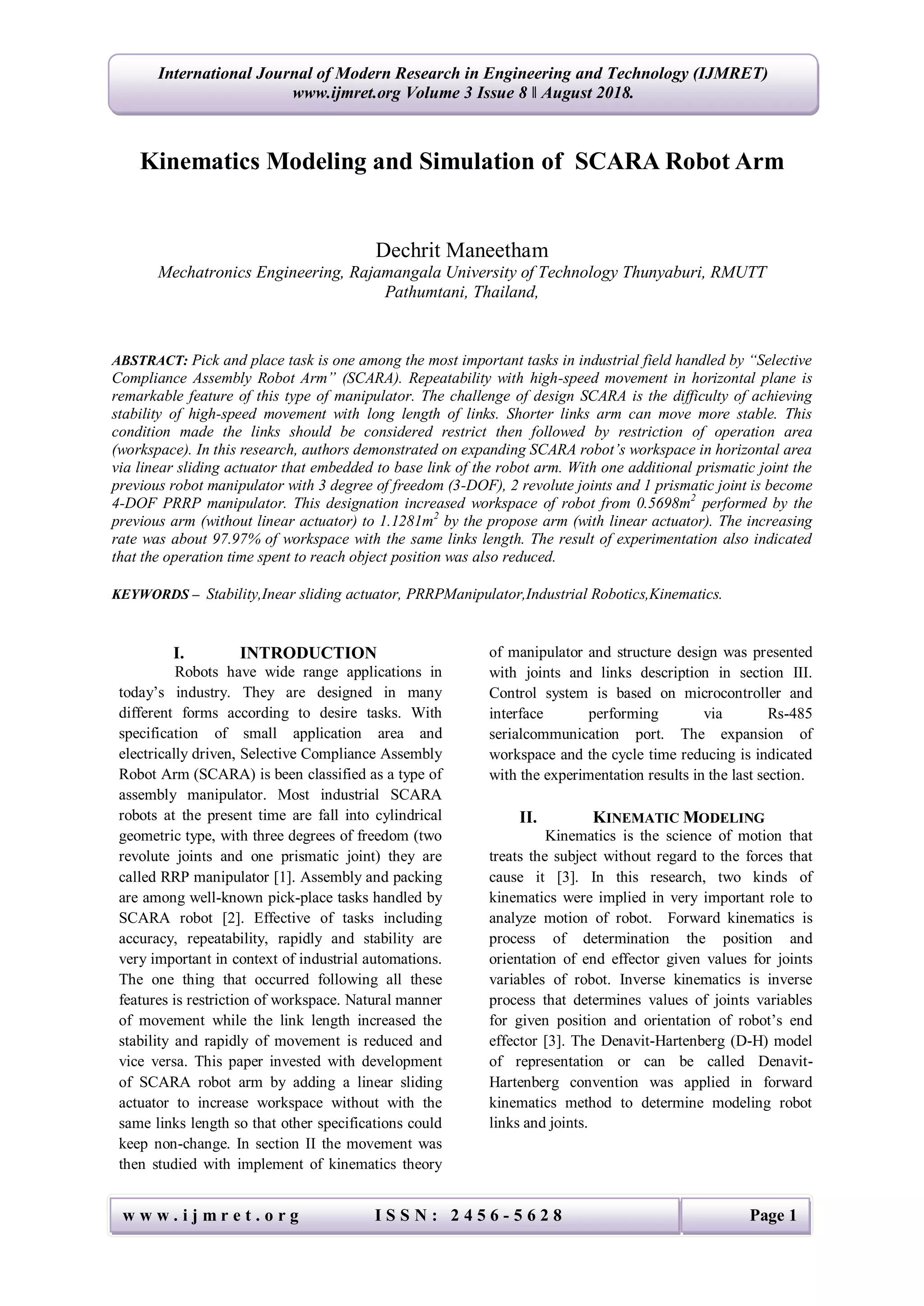 Kinematics Modeling and Simulation of SCARA Robot Arm | PDF