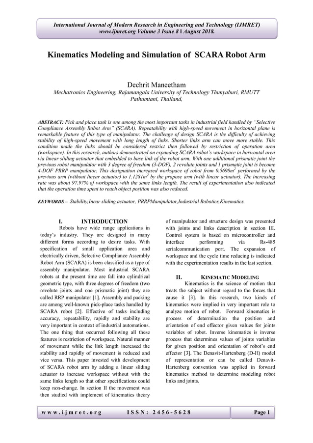 Kinematics Modeling and Simulation of SCARA Robot Arm | PDF