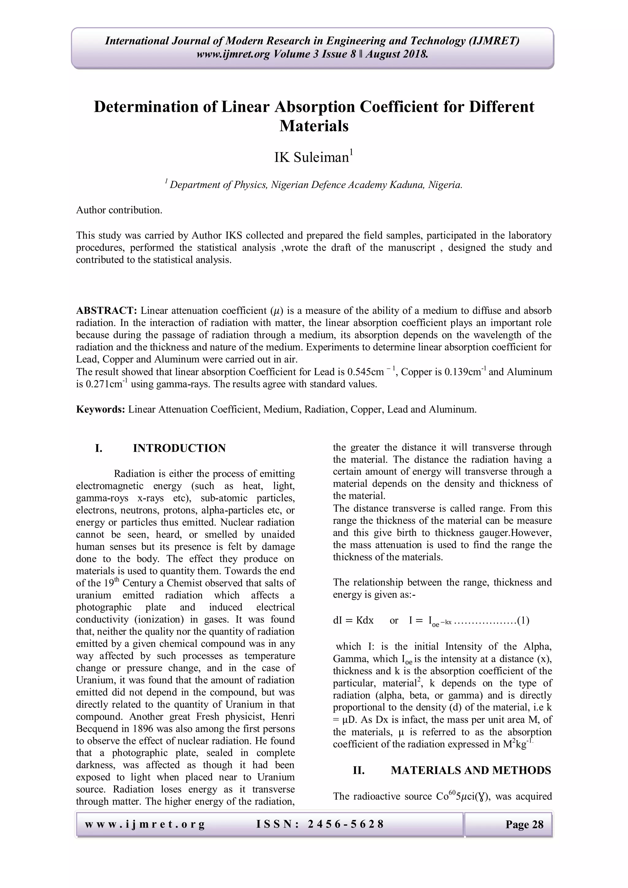 Determination of Linear Absorption Coefficient for Different Materials ...