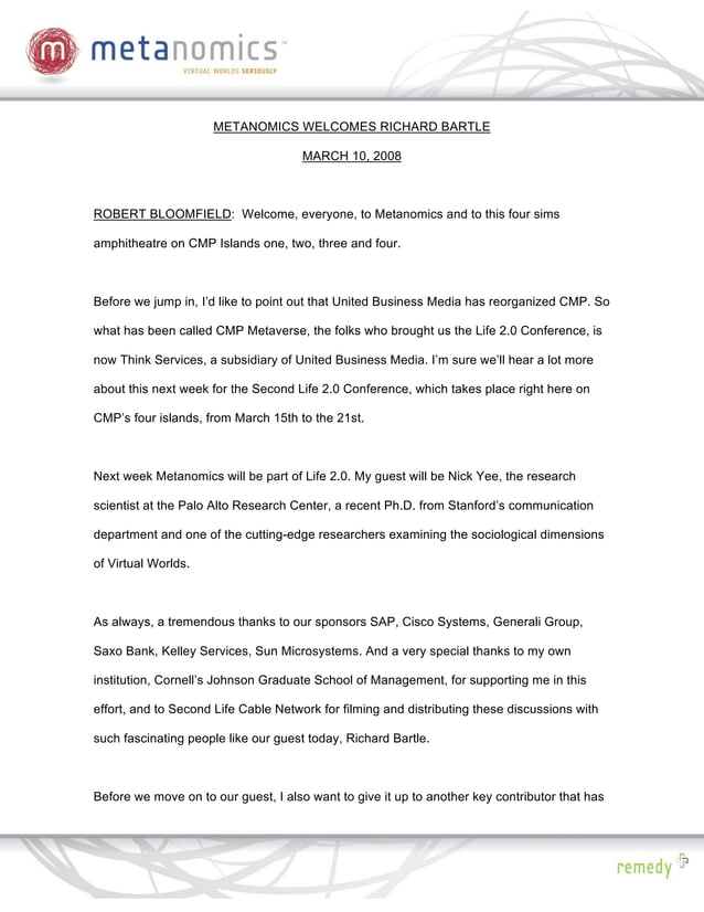 031008 Richard Bartle Metanomics Transcript | PDF