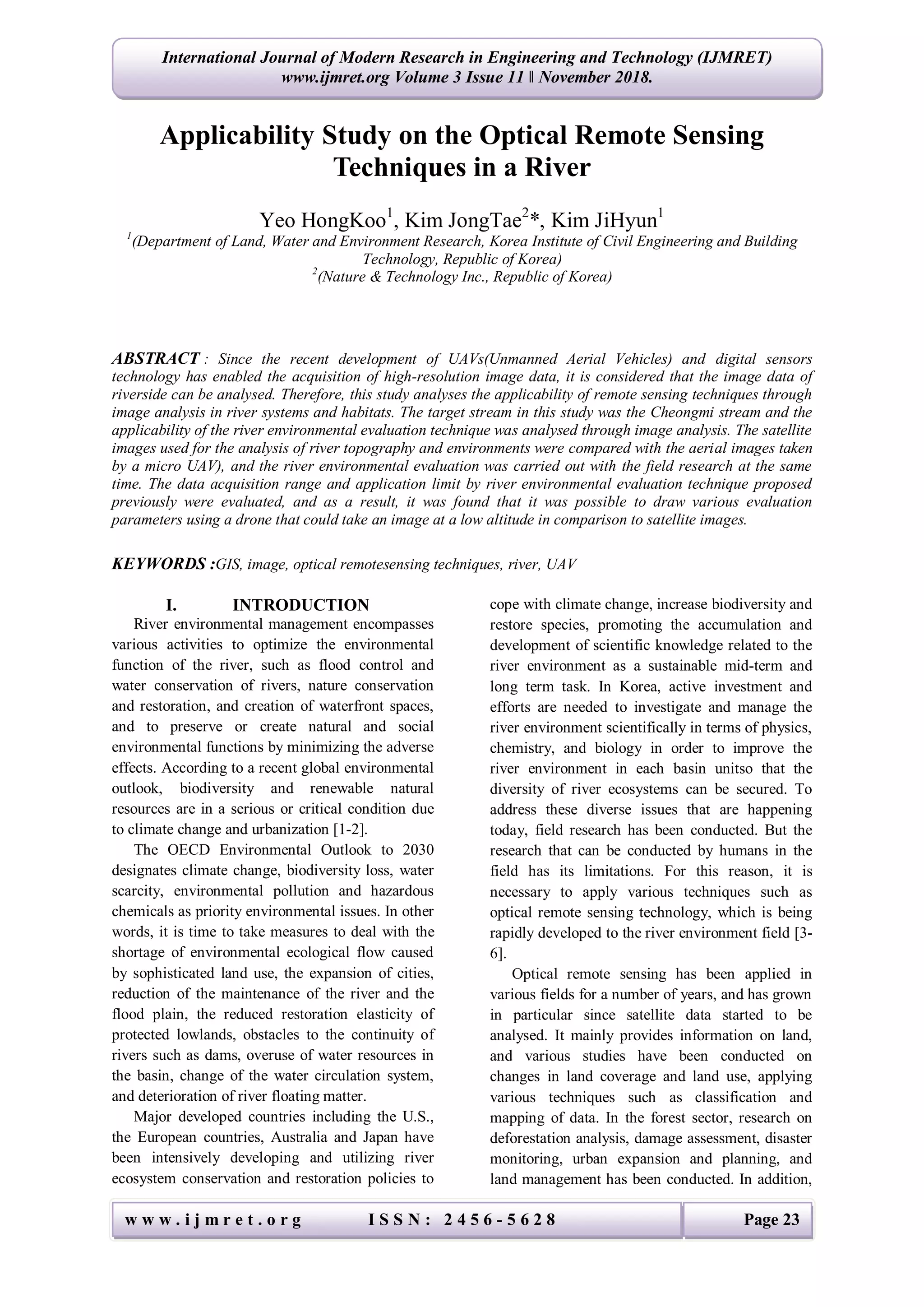 Applicability Study on the Optical Remote Sensing Techniques in a River ...