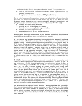 CRYPTANALYSIS AND FURTHER IMPROVEMENT OF A BIOMETRIC-BASED REMOTE USER AUTHENTICATION SCHEME ...