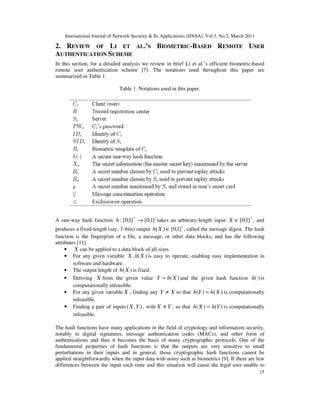 CRYPTANALYSIS AND FURTHER IMPROVEMENT OF A BIOMETRIC-BASED REMOTE USER AUTHENTICATION SCHEME ...
