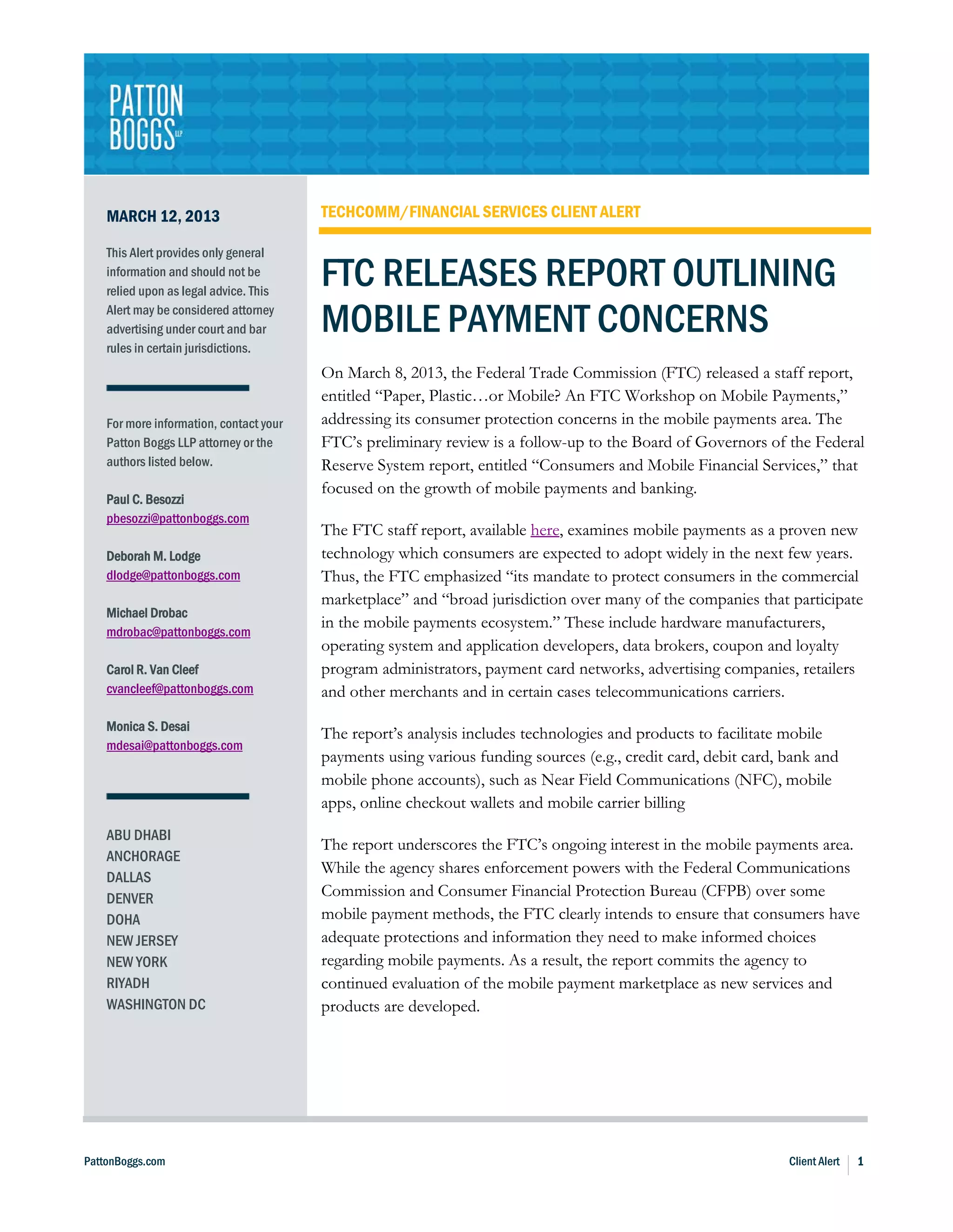 FTC Releases Report Outlining Mobile Payment Concerns | PDF
