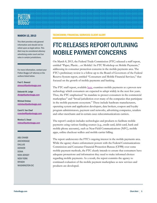 FTC Releases Report Outlining Mobile Payment Concerns | PDF
