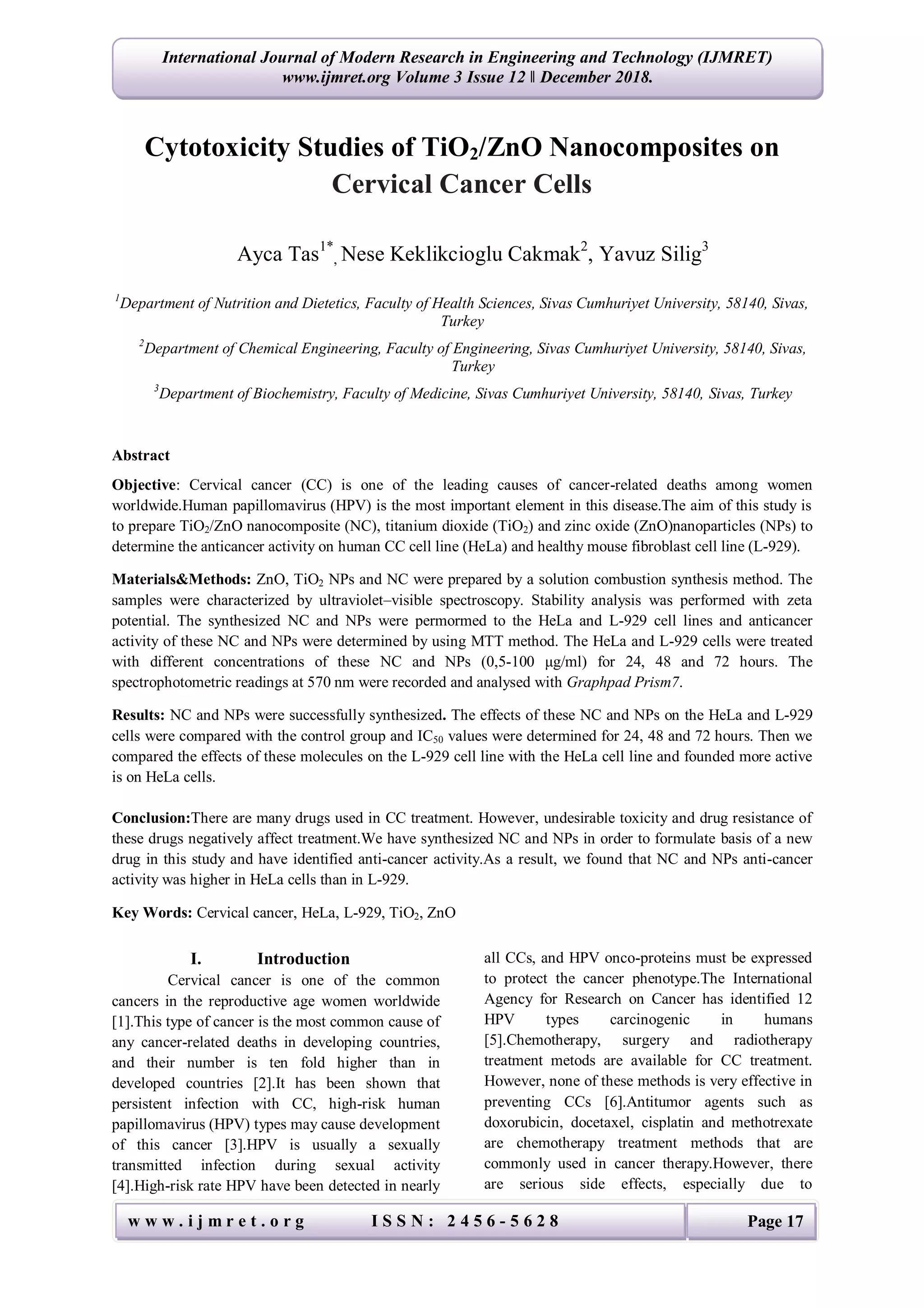 Cytotoxicity Studies of TiO2/ZnO Nanocomposites on Cervical Cancer ...