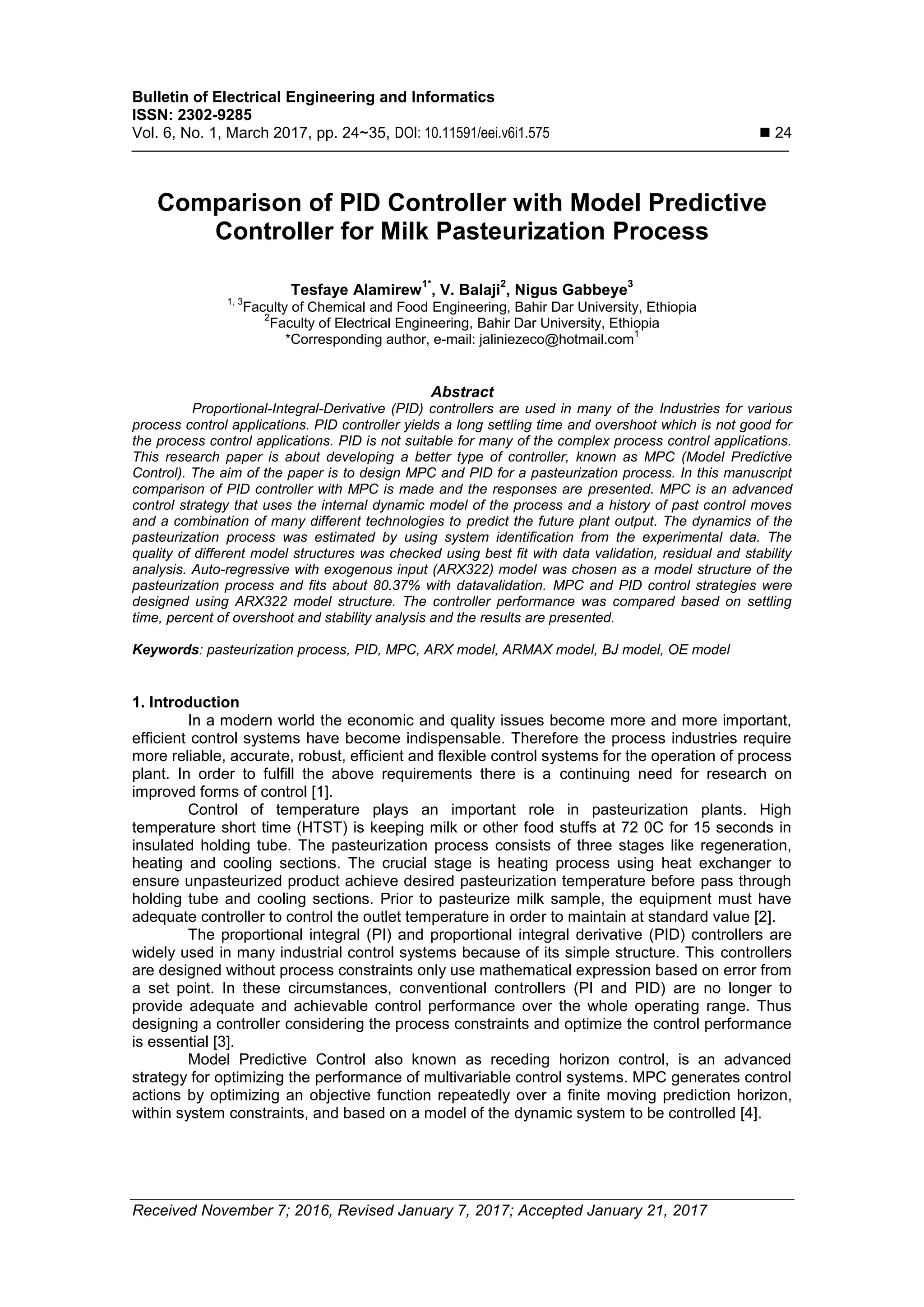 Comparison of PID Controller with Model Predictive Controller for Milk ...
