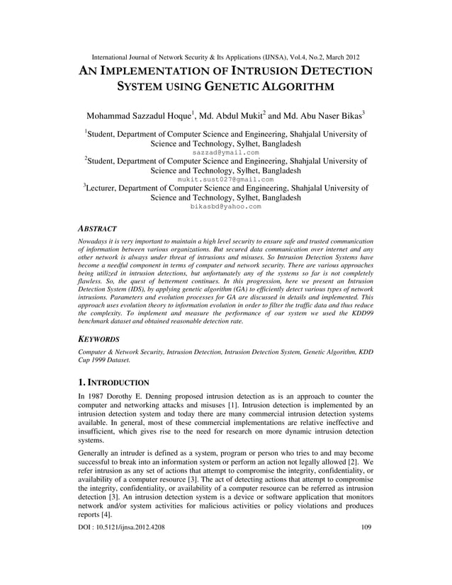 AN IMPLEMENTATION OF INTRUSION DETECTION SYSTEM USING GENETIC ALGORITHM | PDF