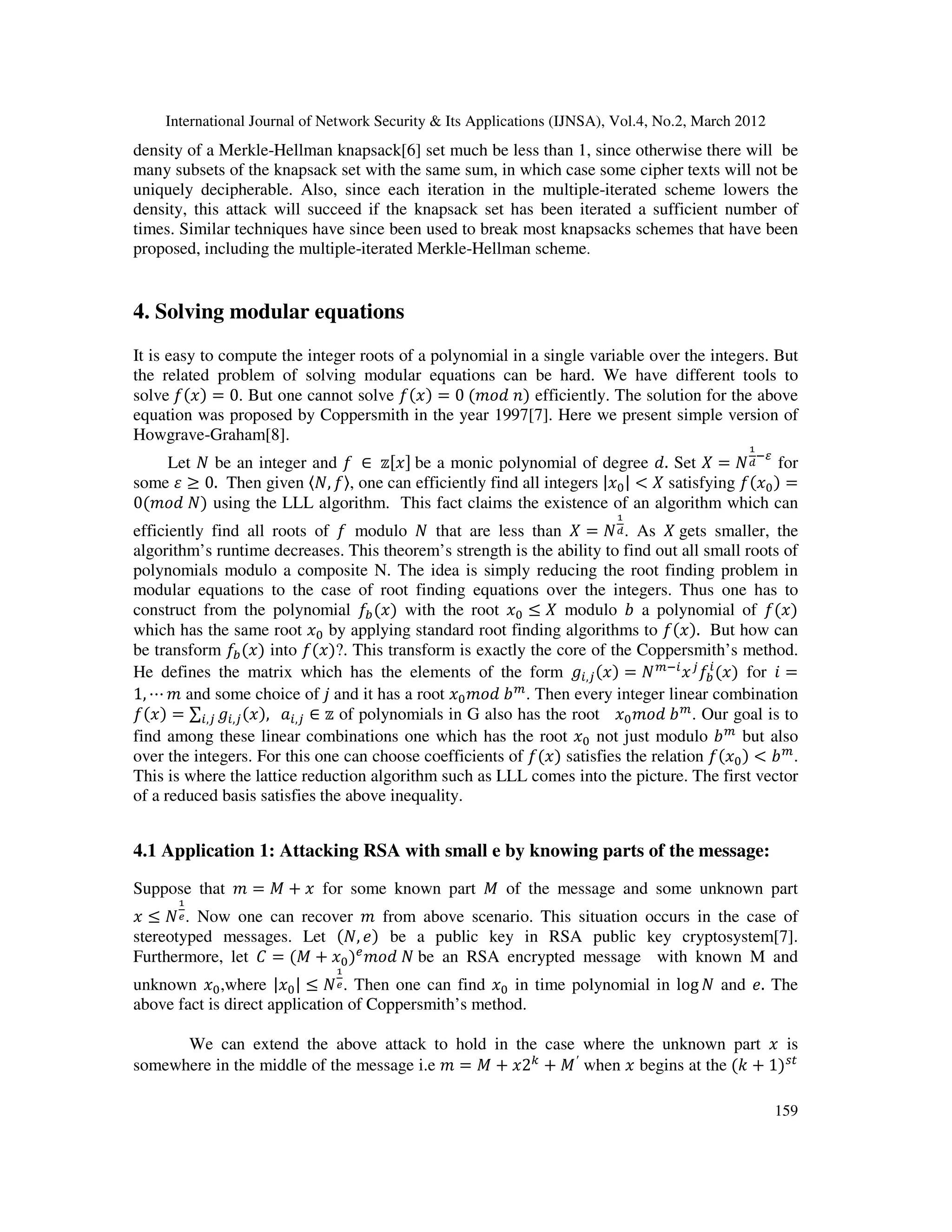 LATTICE BASED TOOLS IN CRYPTANALYSIS FOR PUBLIC KEY CRYPTOGRAPHY | PDF