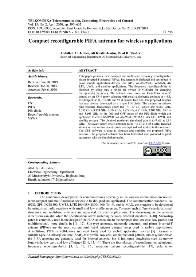 Compact reconfigurable PIFA antenna for wireless applications | PDF