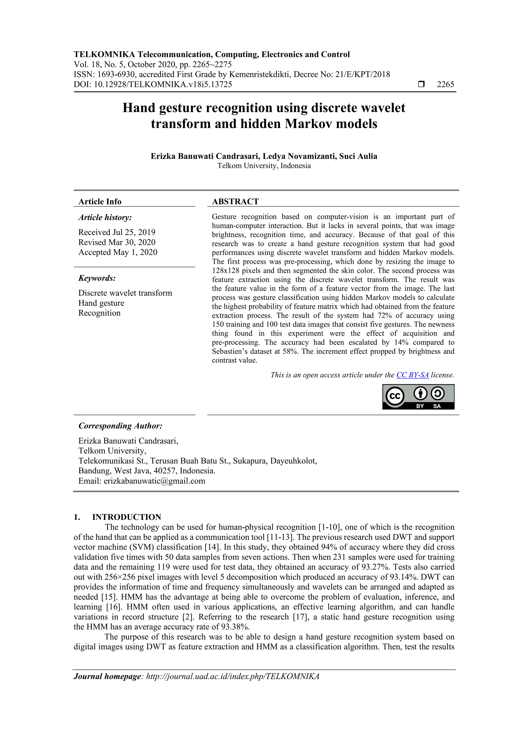 Hand Gesture Recognition Using Discrete Wavelet Transform And Hidden Markov Models Pdf