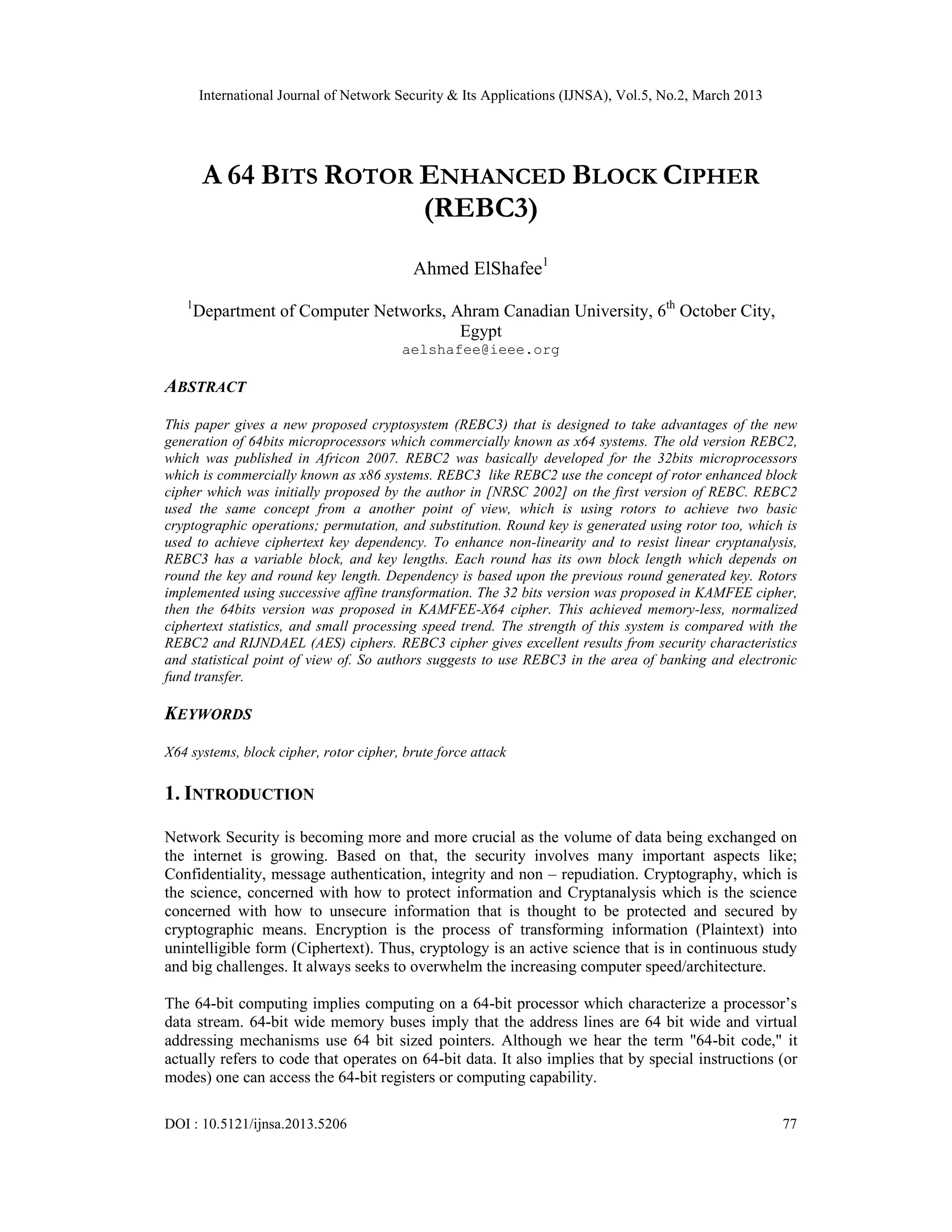 A 64 BITS ROTOR ENHANCED BLOCK CIPHER (REBC3) | PDF | Programming Languages | Computing