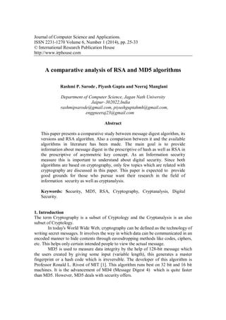 A Comparative Study between RSA and MD5 algorithms | PDF | Information and Network Security ...