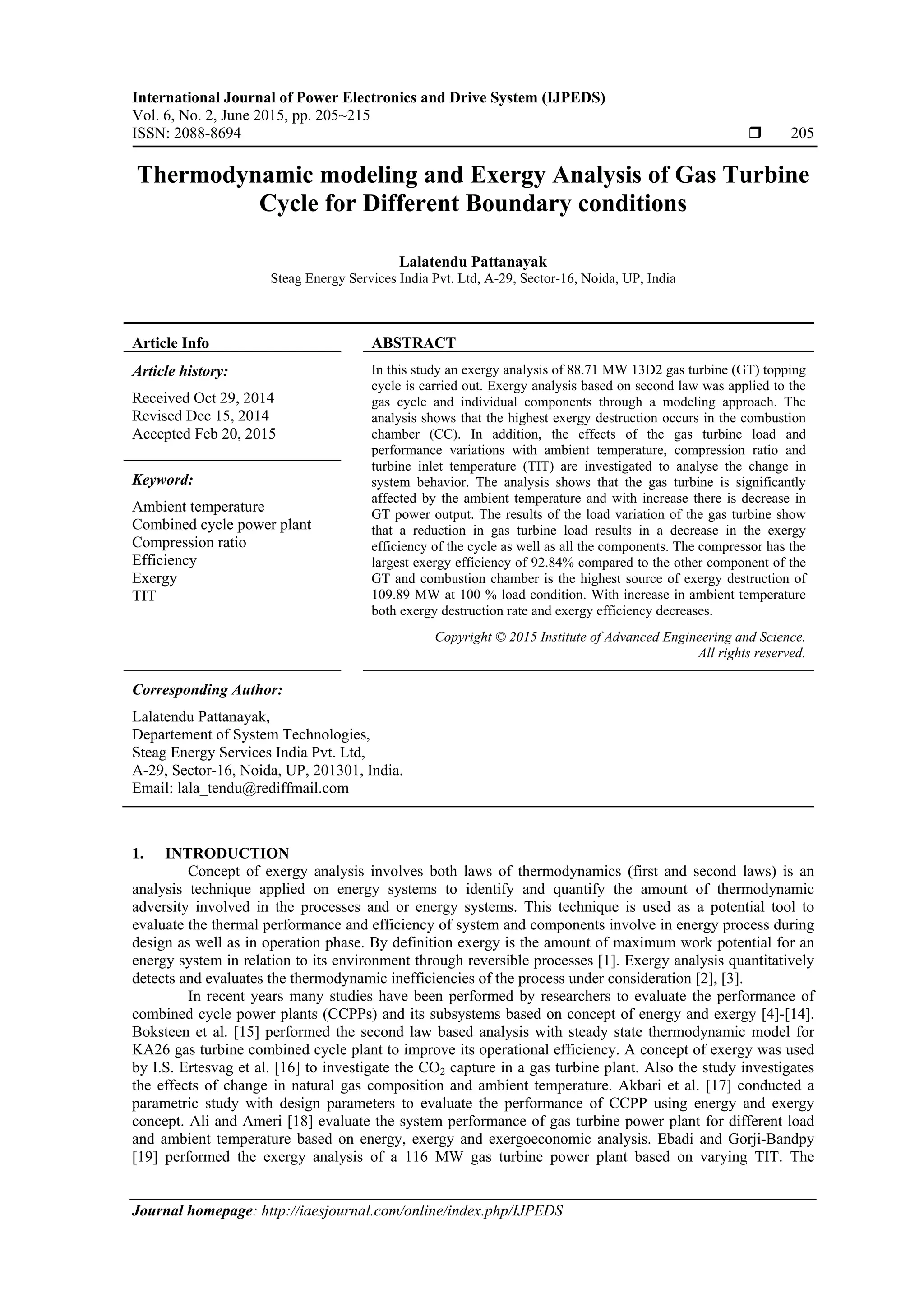 Thermodynamic modeling and Exergy Analysis of Gas Turbine Cycle for ...