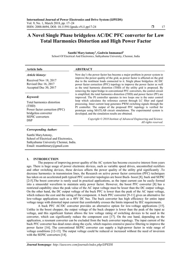 A Novel Single Phase bridgeless AC/DC PFC converter for Low Total ...