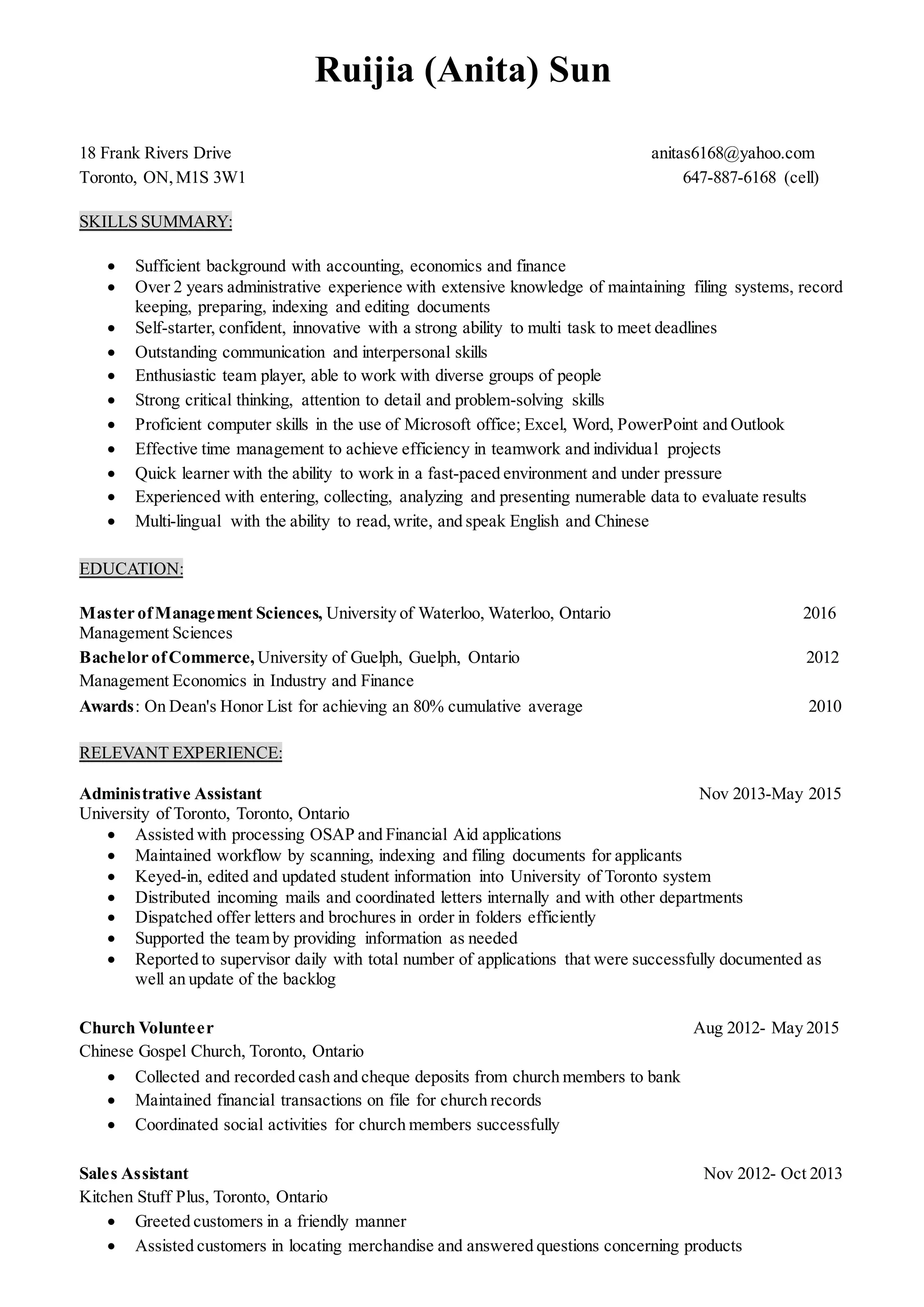 Ruijia (Anita) Sun's Resume (toronto) | DOCX