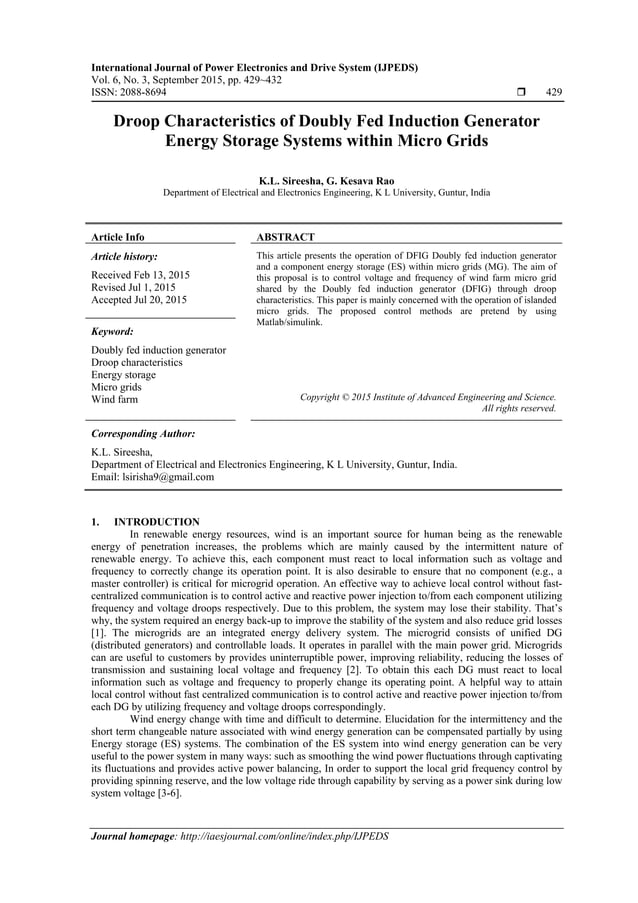 Droop Characteristics of Doubly Fed Induction Generator Energy Storage ...