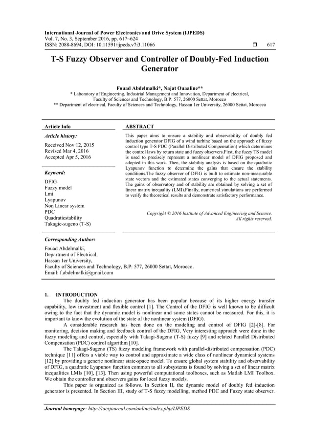 T S Fuzzy Observer And Controller Of Doubly Fed Induction Generator Pdf