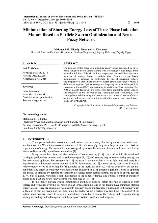 Minimization of Starting Energy Loss of Three Phase Induction Motors Based on Particle Swarm ...