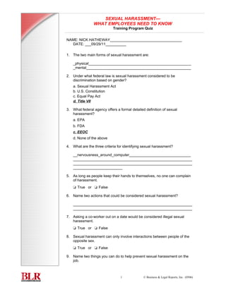 03 2011 Sexual Harassment Awareness Test | DOC