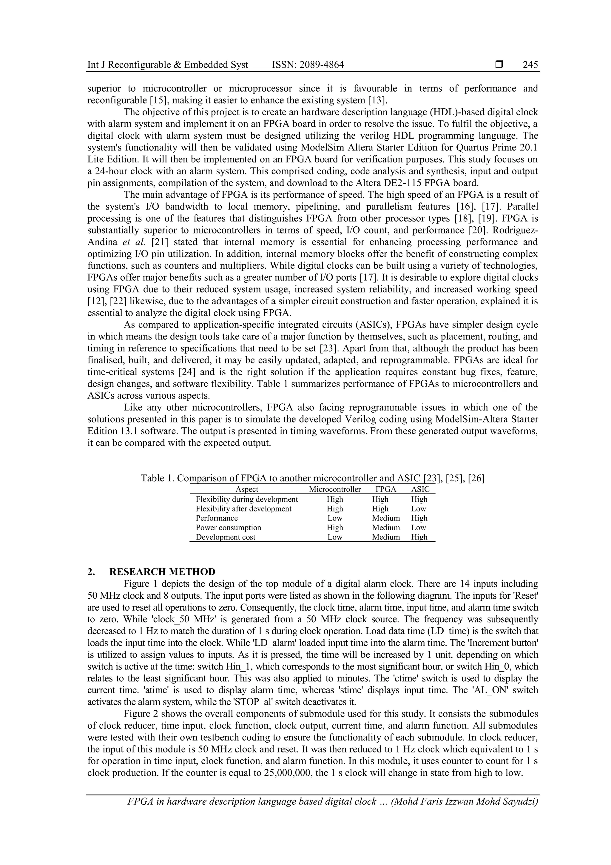 FPGA in hardware description language based digital clock alarm system with 24-hr format | PDF