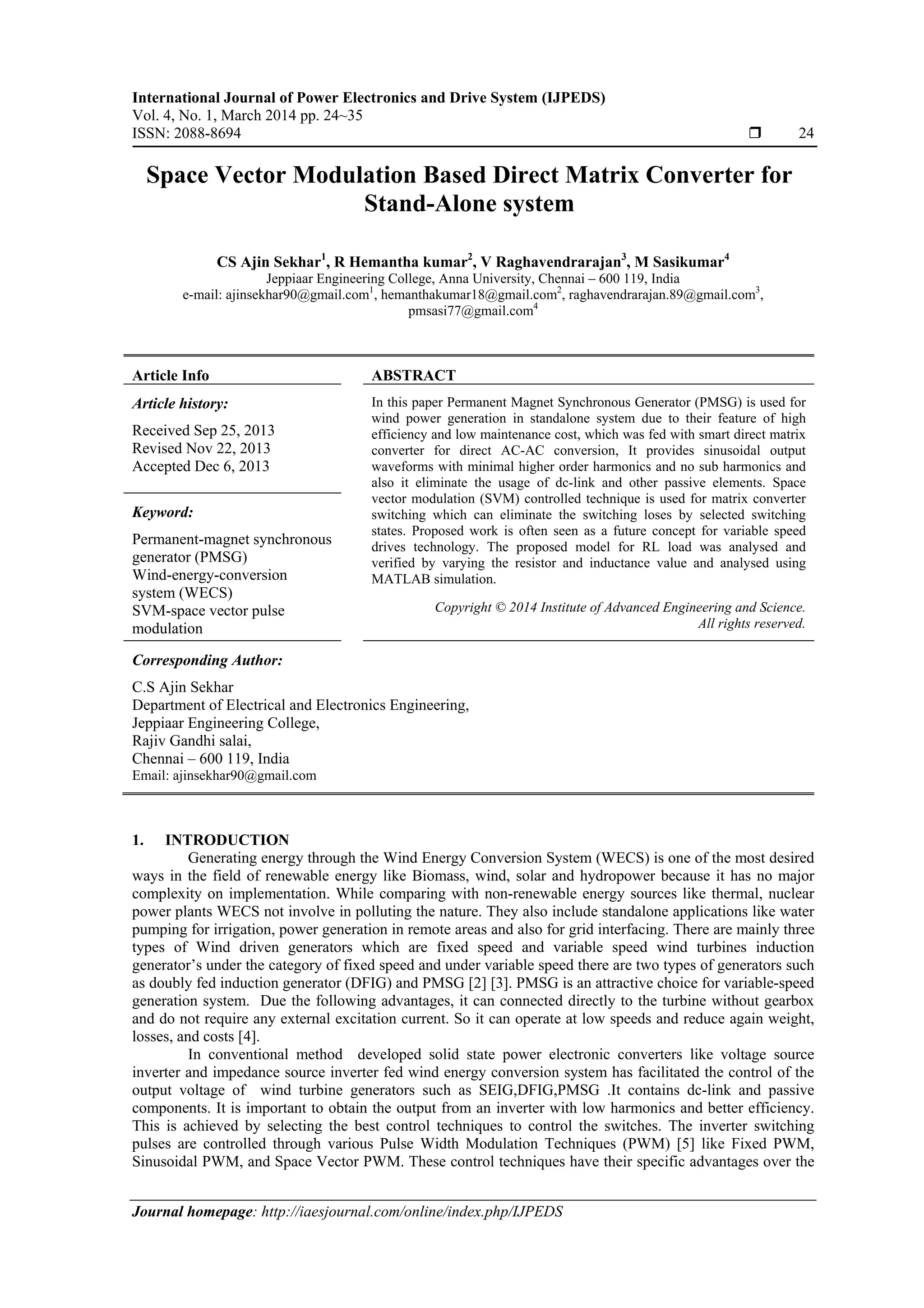 Space Vector Modulation Based Direct Matrix Converter For Stand Alone System Pdf
