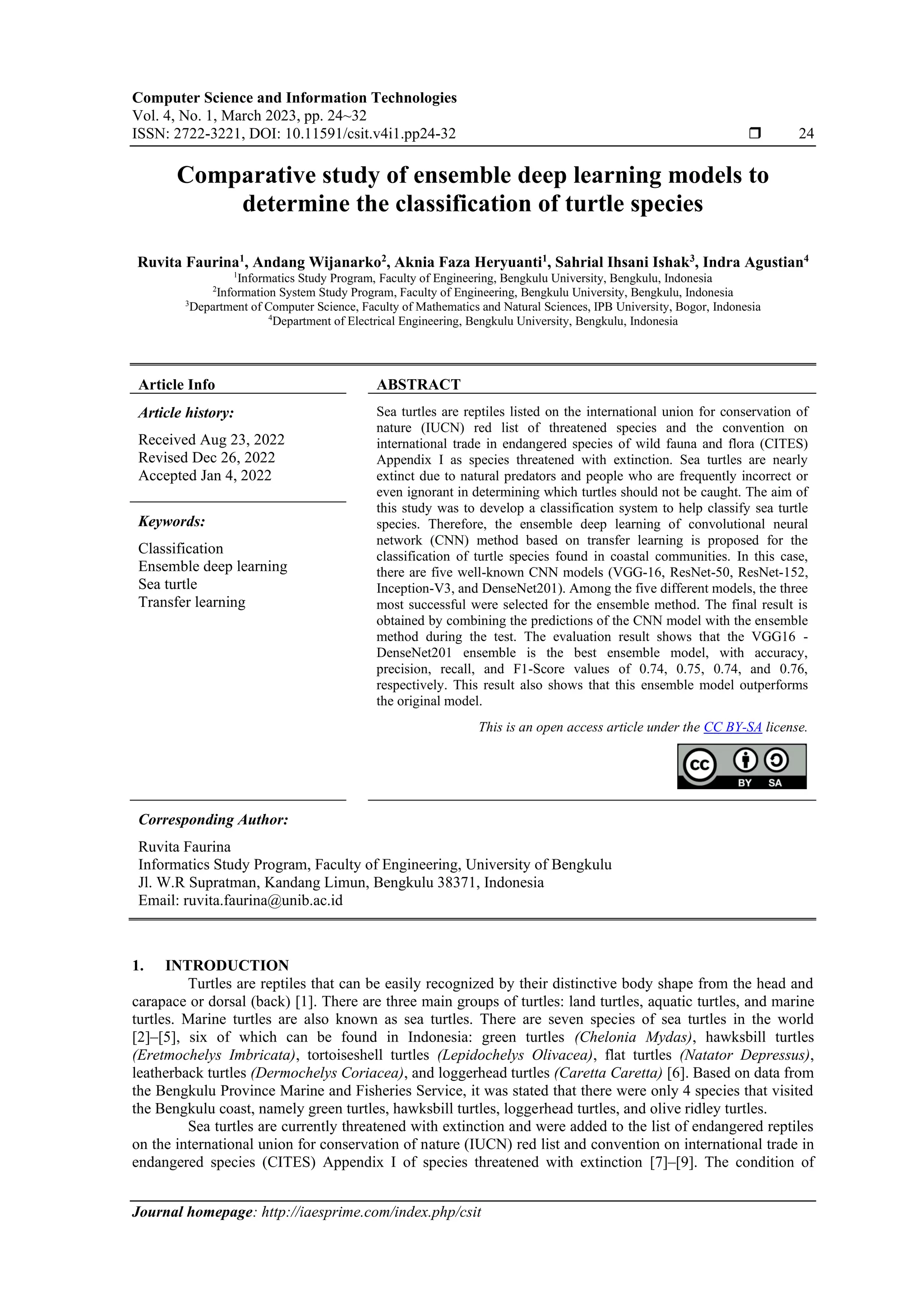 Comparative study of ensemble deep learning models to determine the classification of turtle ...