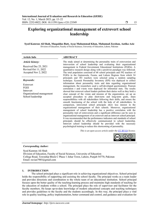 Exploring organizational management of extrovert school leadership | PDF