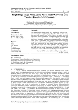 Single Stage Single Phase Active Power Factor Corrected Ĉuk Topology ...