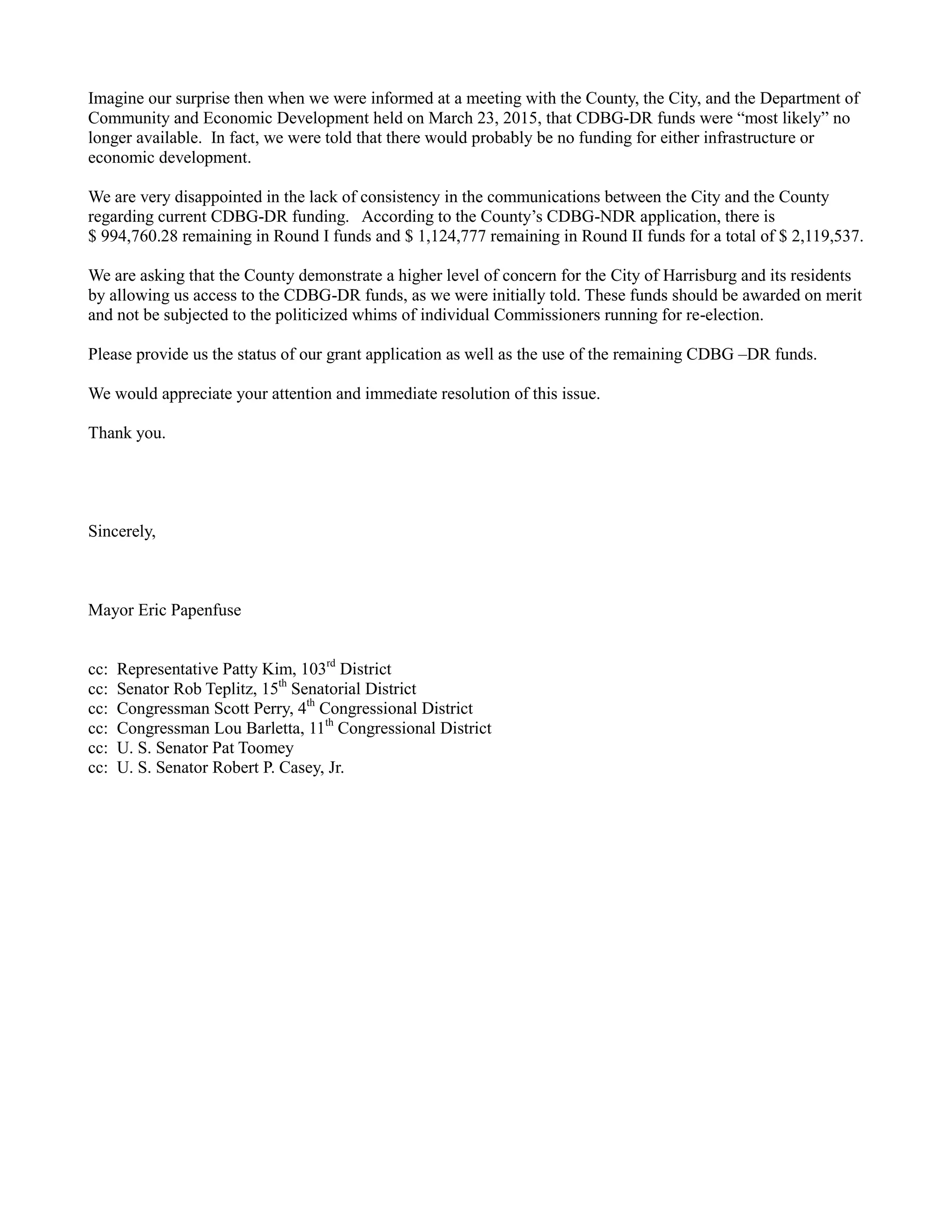 Letter to Dauphin County Commissioners From HBG Mayor re cdbg dr ...