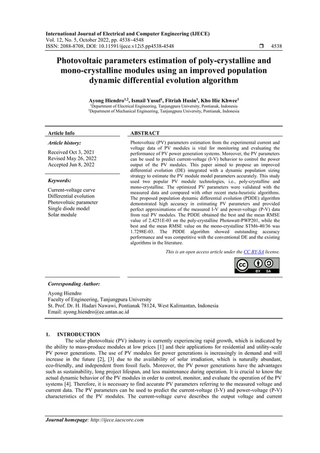 Photovoltaic parameters estimation of poly-crystalline and mono-crystalline modules using an ...
