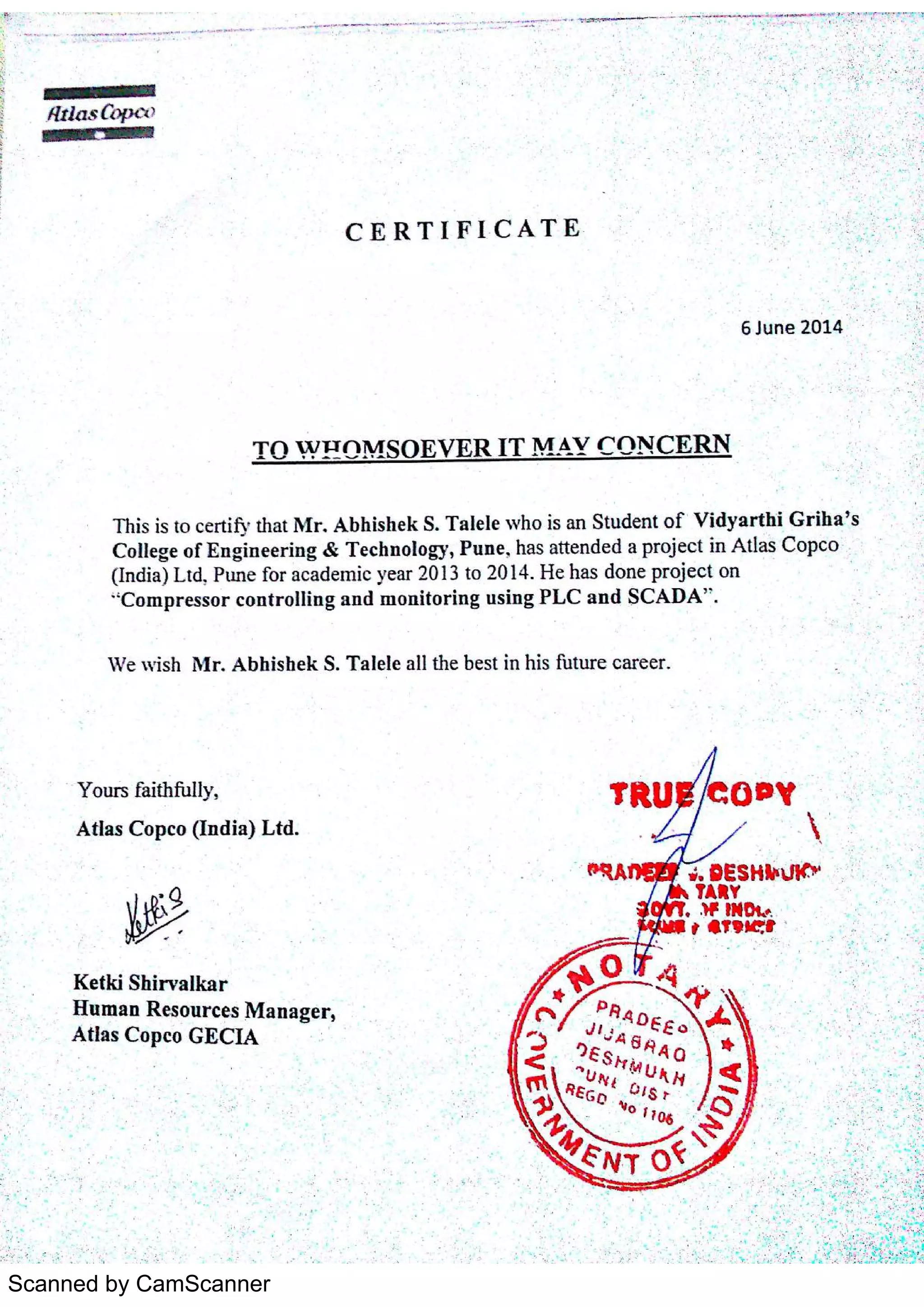 Atlas Copco thesis certificate | PDF